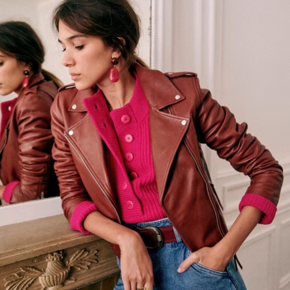Sezane | Jackets & Coats | Sezane Zig Leather Biker Jacket Burgundy ...